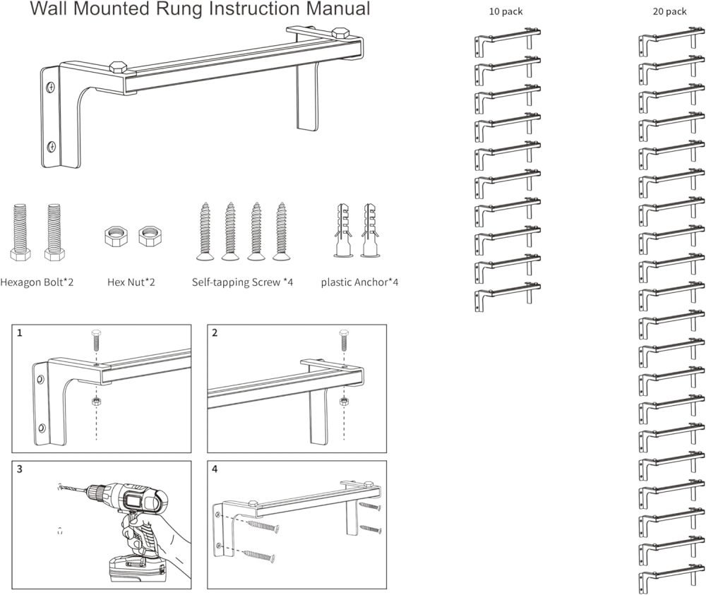 Wall Mounted Rungs | 10 Climbing Rungs - Well Rungs Set